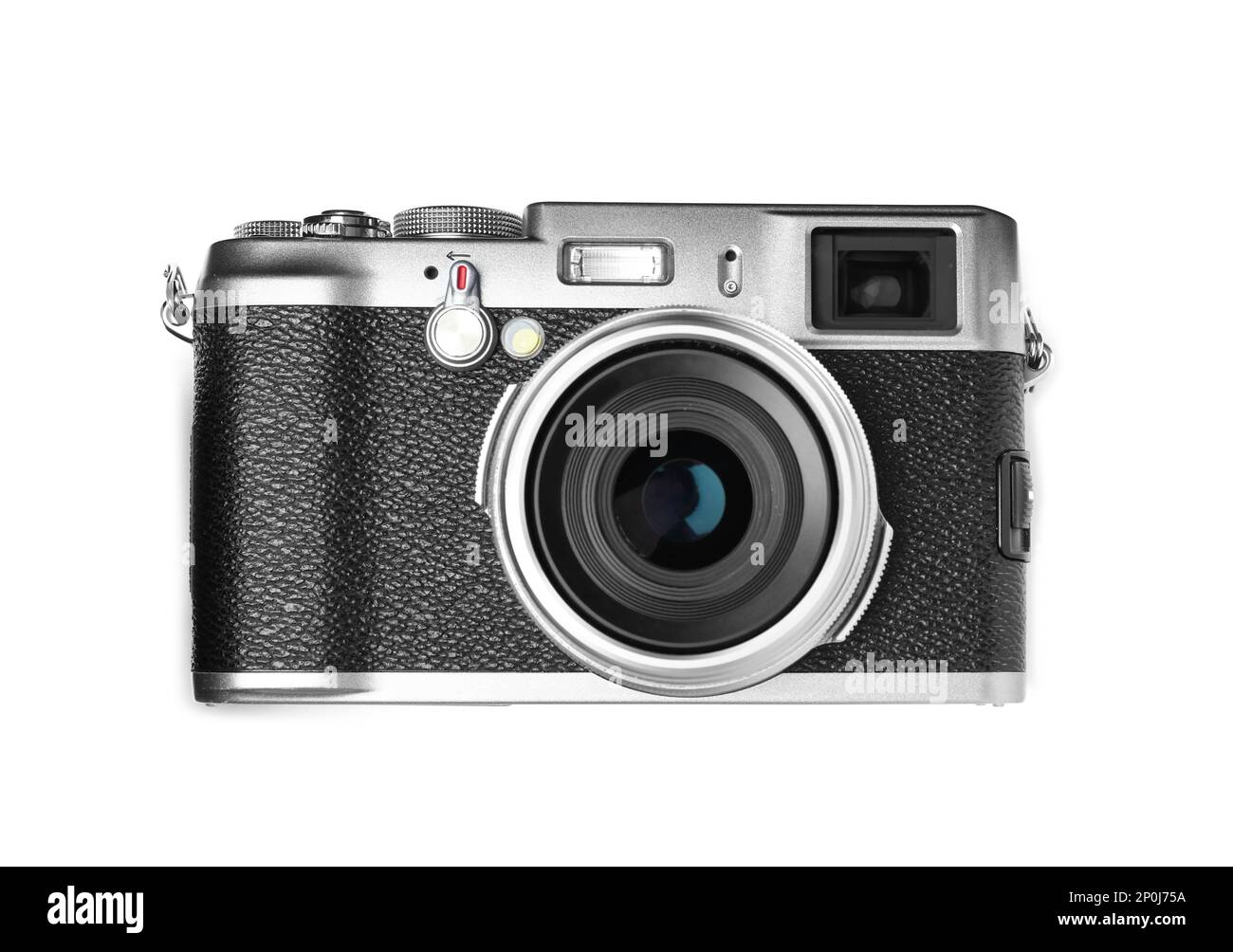 Modern camera isolated on white, top view Stock Photo - Alamy
