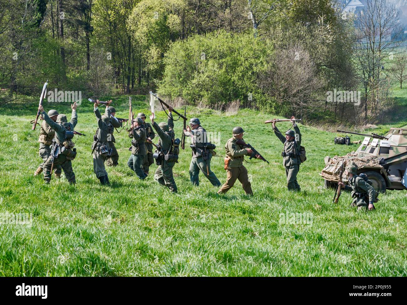 German soldiers surrendering to US troops at WW2 battle reenactment in ...