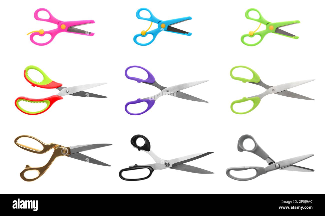 Set with different scissors on white background Stock Photo - Alamy