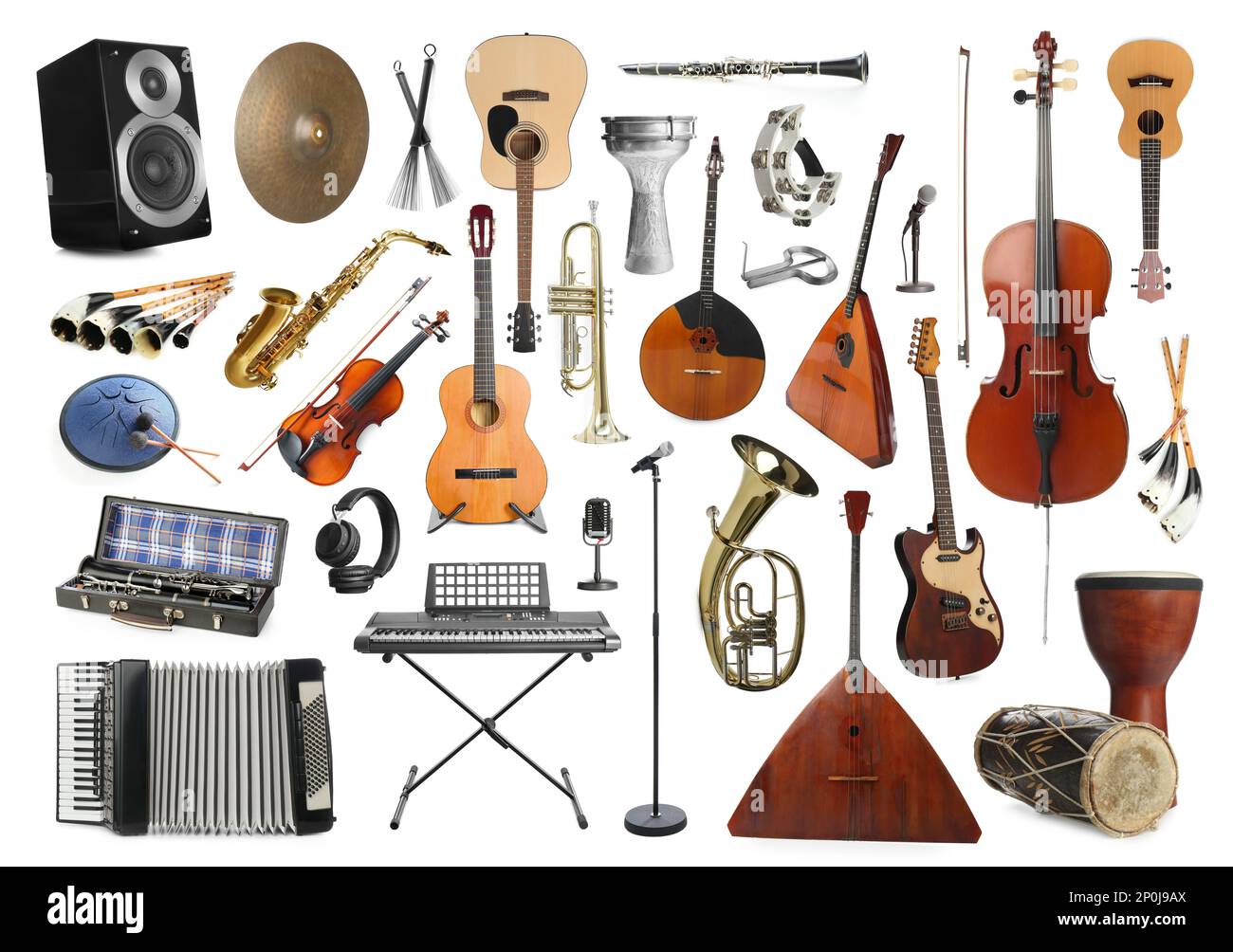 Collection of different musical instruments on white background Stock ...