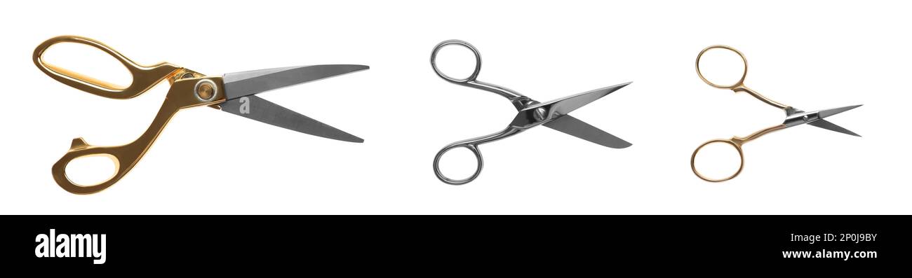 Set with different scissors on white background. Banner design Stock ...
