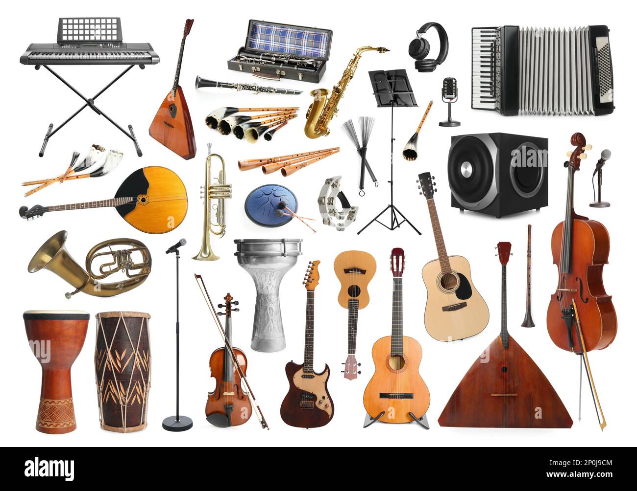 Collection of different musical instruments on white background Stock ...