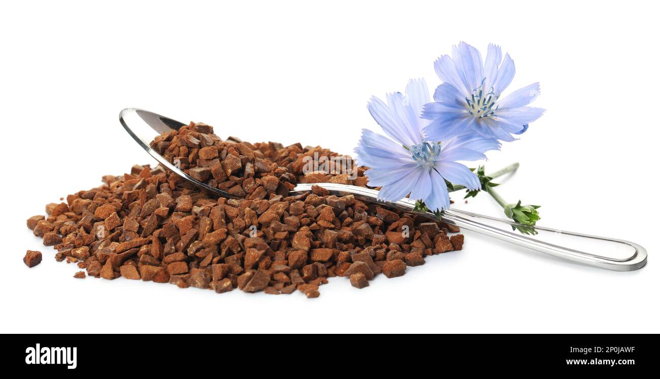 Pile of chicory granules and flowers on white background Stock Photo ...