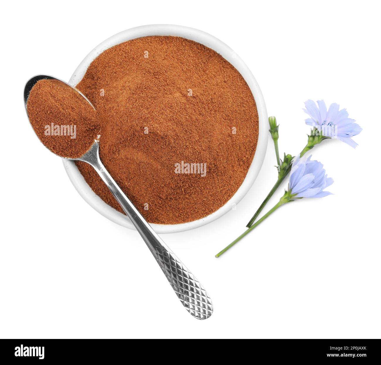 Plate and spoon of chicory powder with flowers on white background, top ...