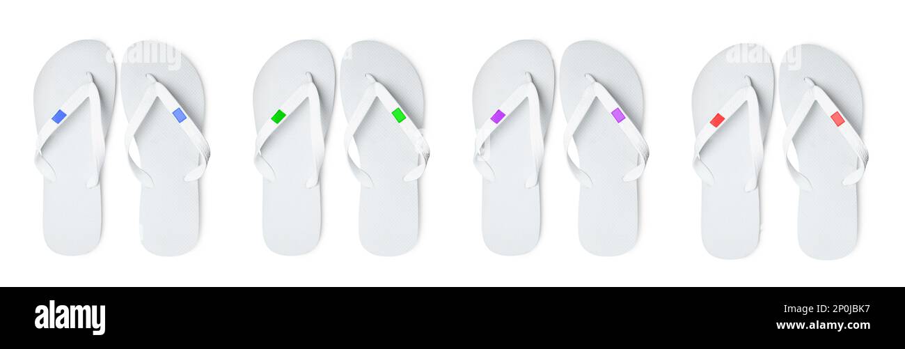 Set with stylish flip flops on white background, top view. Banner ...