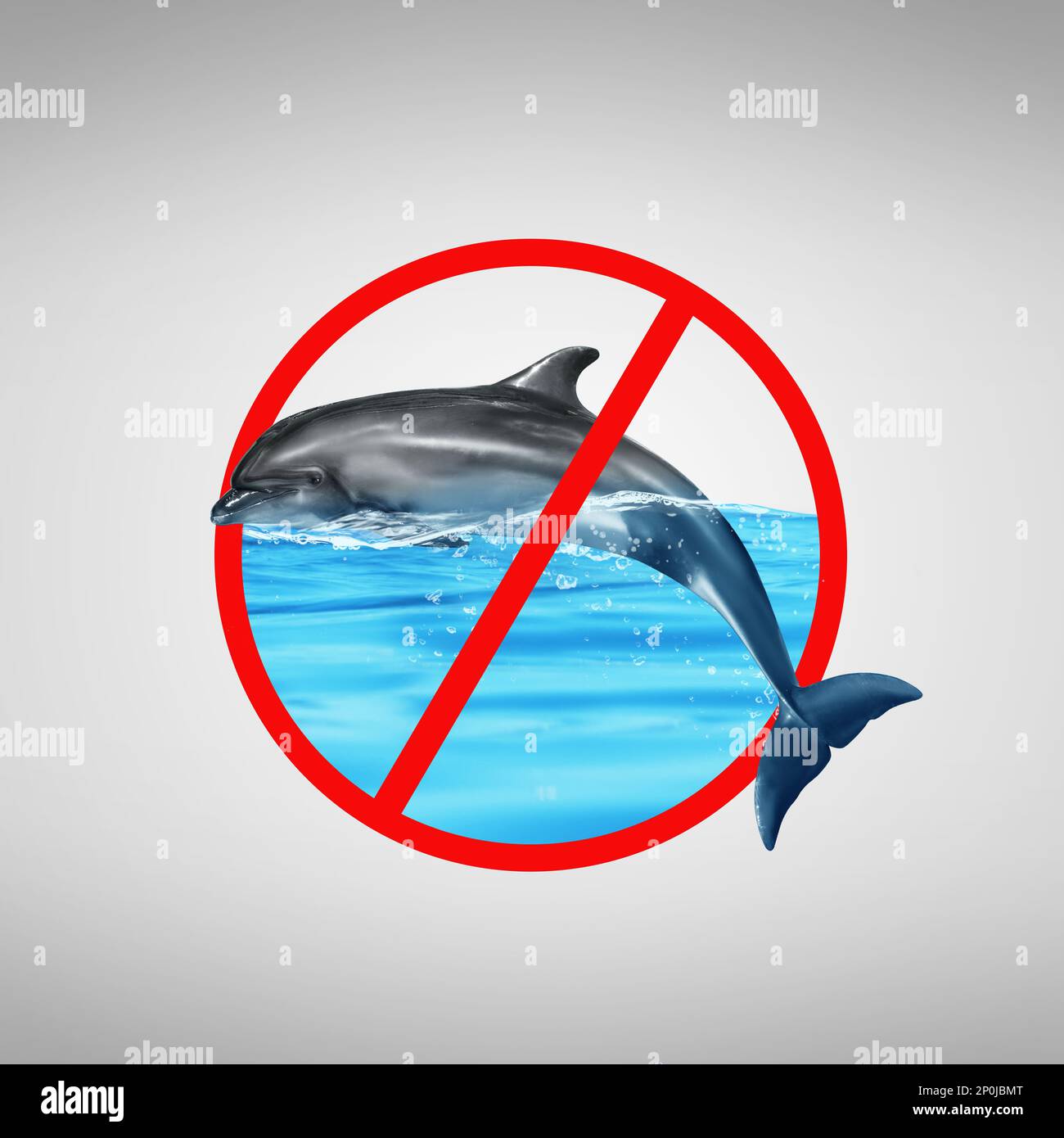 Dolphin and red prohibition sign on light grey background. Anti ...