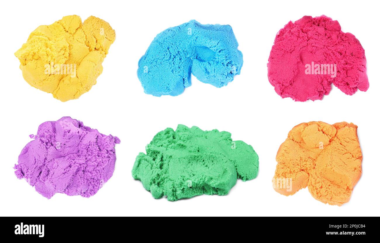 Set with piles of colorful kinetic sand on white background Stock Photo ...