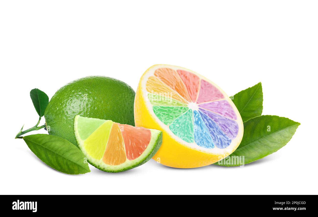 Fresh lemon and lime with rainbow segments on white background ...