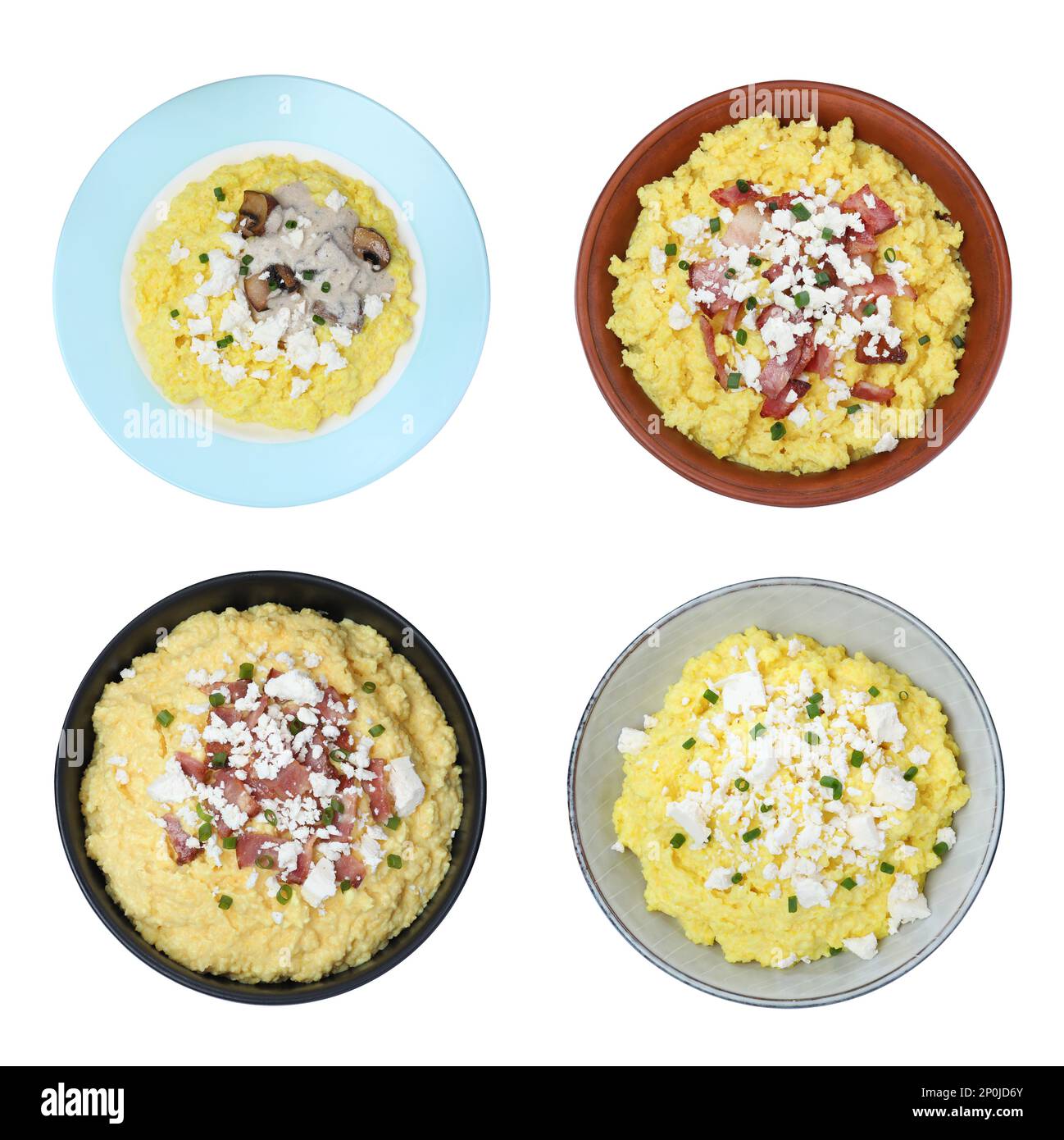 Set with delicious traditional banosh on white background, top view ...