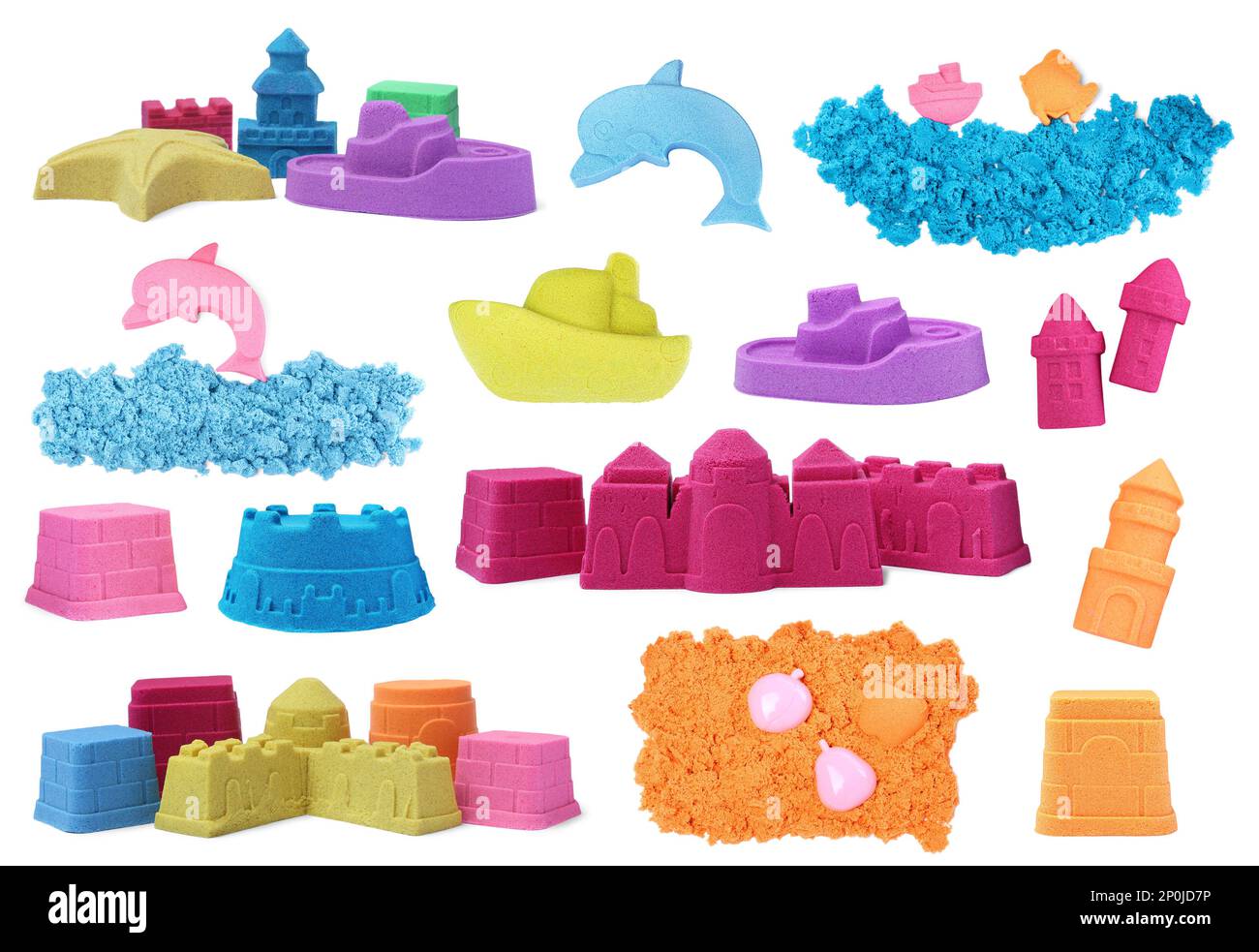 Set with different figures made of colorful kinetic sand on white ...