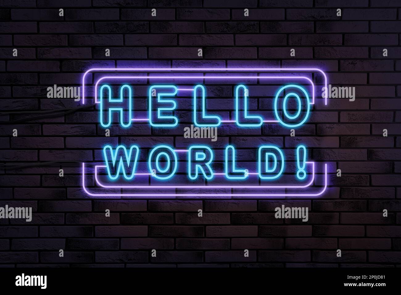 Stylish neon sign with phrase Hello World on brick wall Stock Photo - Alamy