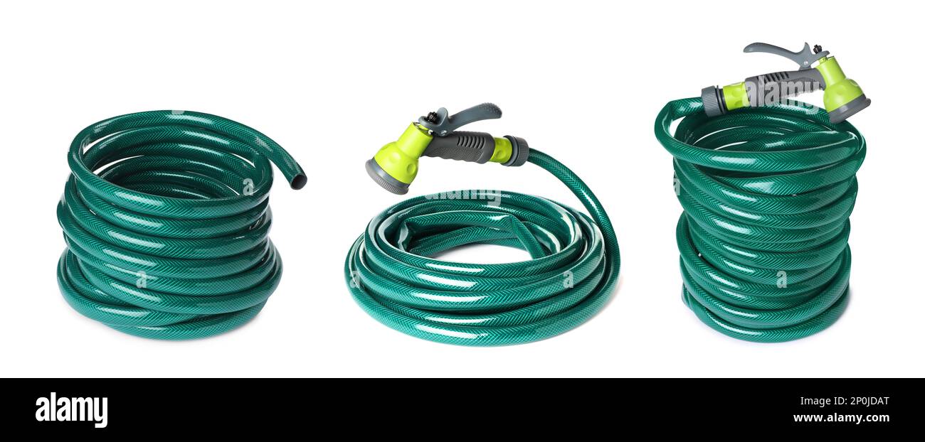 Set with green rubber watering hoses on white background. Banner design ...