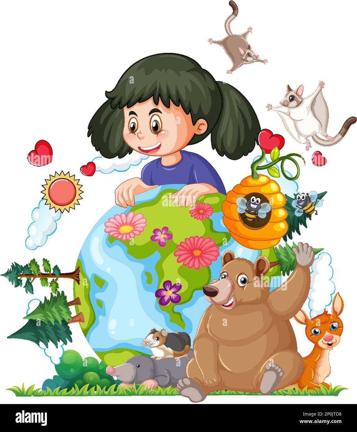 Happy girl with wild animals cartoon illustration Stock Vector Image ...
