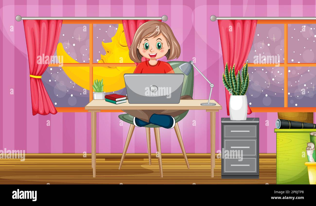 Interior pink room with a girl using computer illustration Stock Vector ...