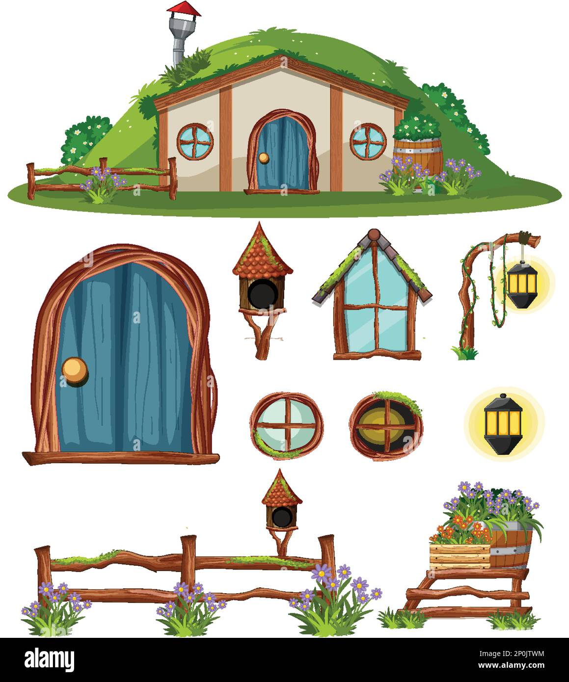 Set of hobbit house with seperate door and window illustration Stock ...