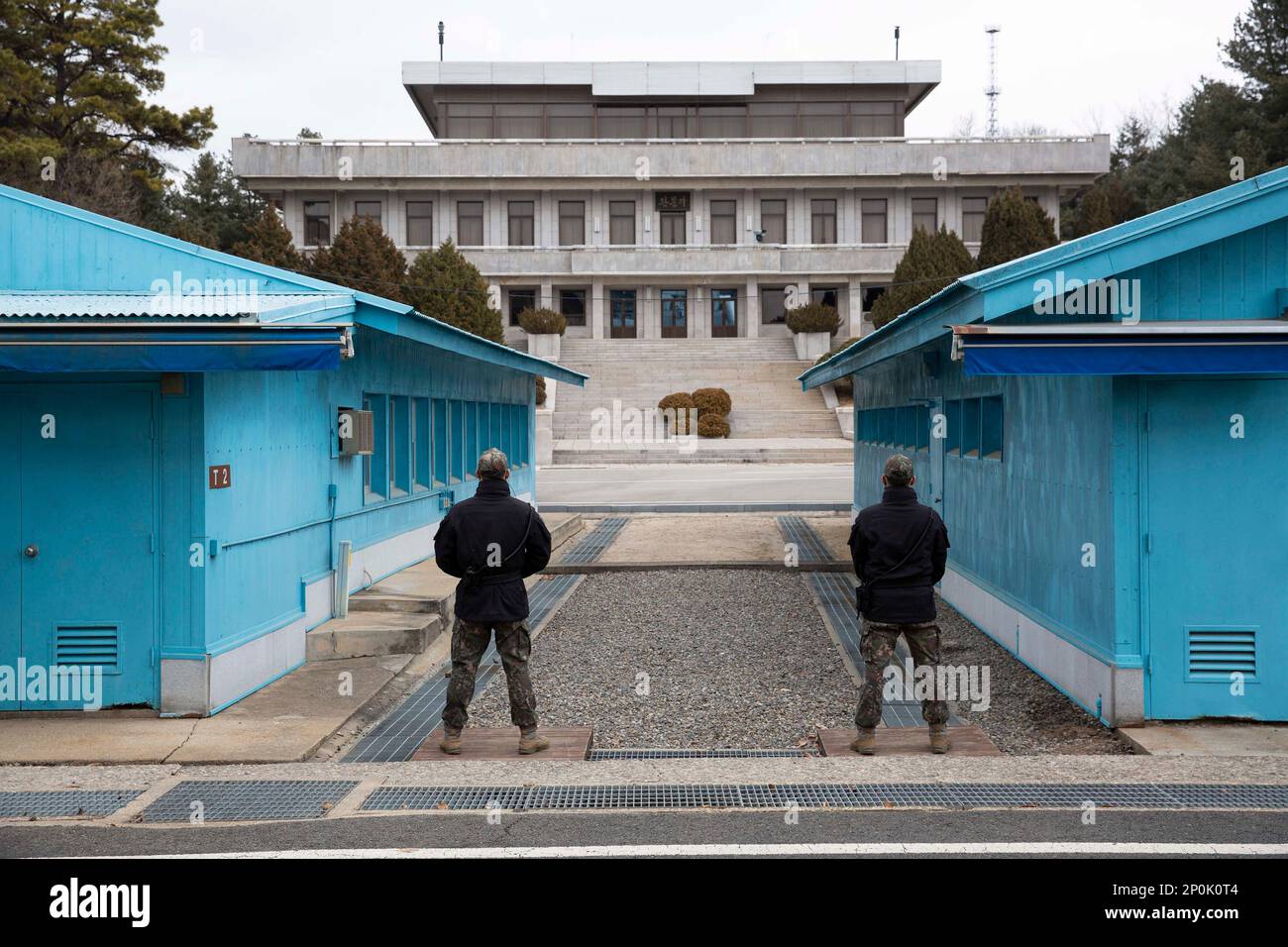 South Korean soldiers stand guard during a media tour at the Joint Security Area (JSA) on the ...