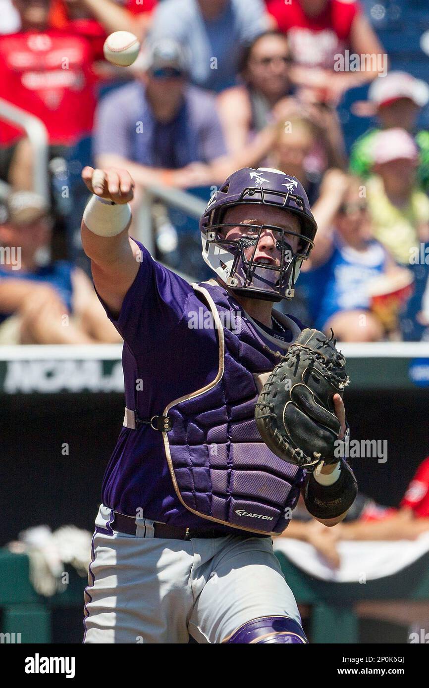 TCU Horned Frogs catcher Evan Skoug (9) makes a throw to first base ...