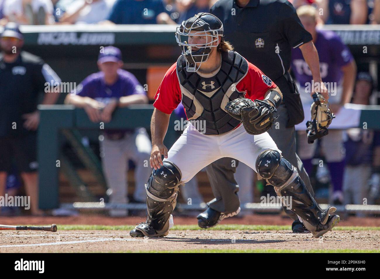 Texas Tech Red Raiders catcher Tyler Floyd (16) waits for a throw to ...
