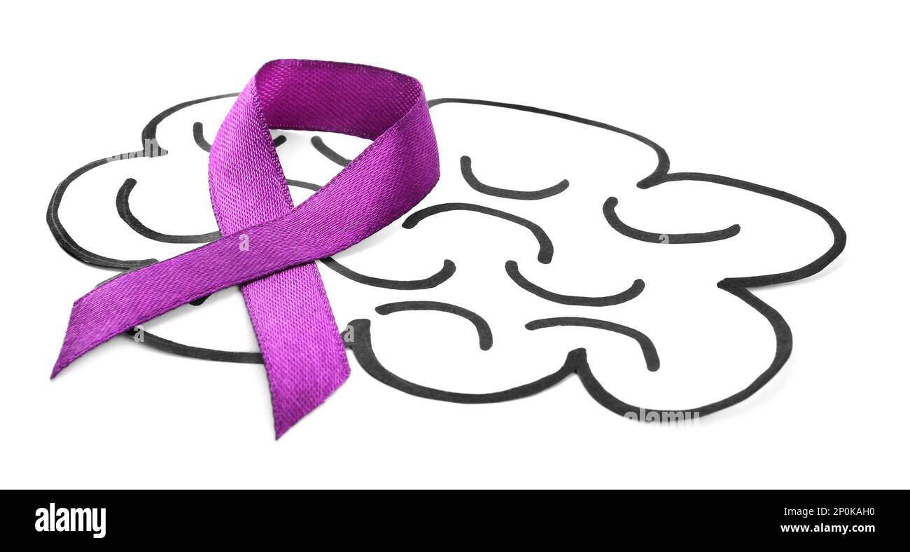 Paper brain cutout with purple ribbon on white background Stock Photo ...