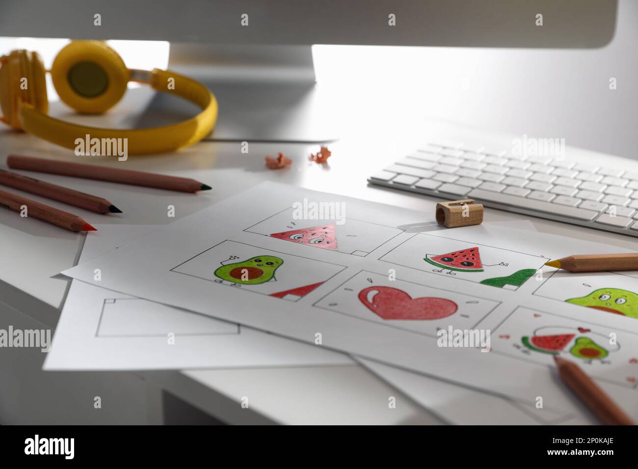 Storyboard with cartoon sketches at workplace. Pre-production process ...