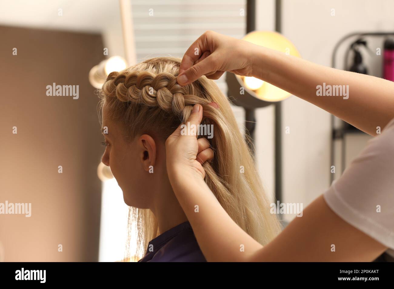 Professional stylist braiding client's hair in salon Stock Photo - Alamy