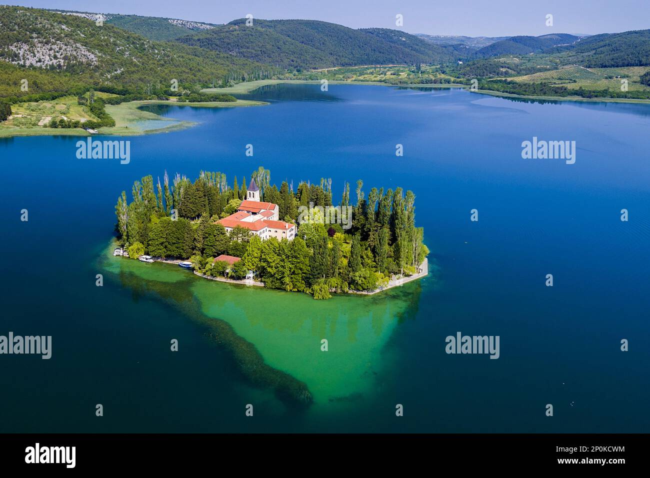Aerial view of Visovac Island with the monastery on Krka, Croatia Stock ...