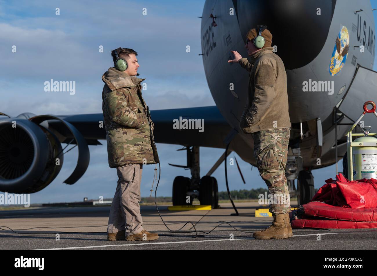 U.S. Air Force Airman 1st Class Cole Barkley, left, 100th Aircraft ...