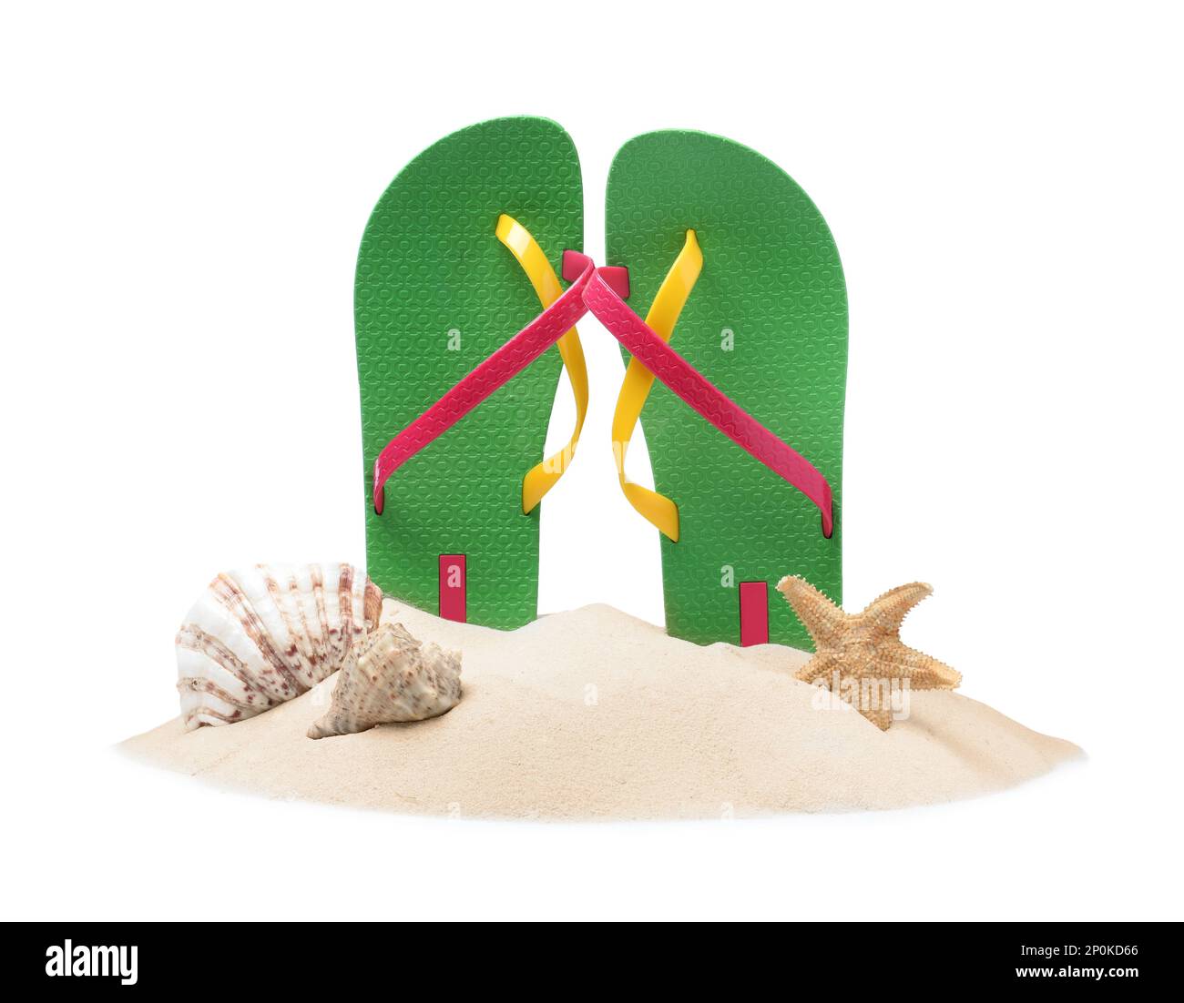 Green flip flops in sand, starfish and sea shells on white background ...