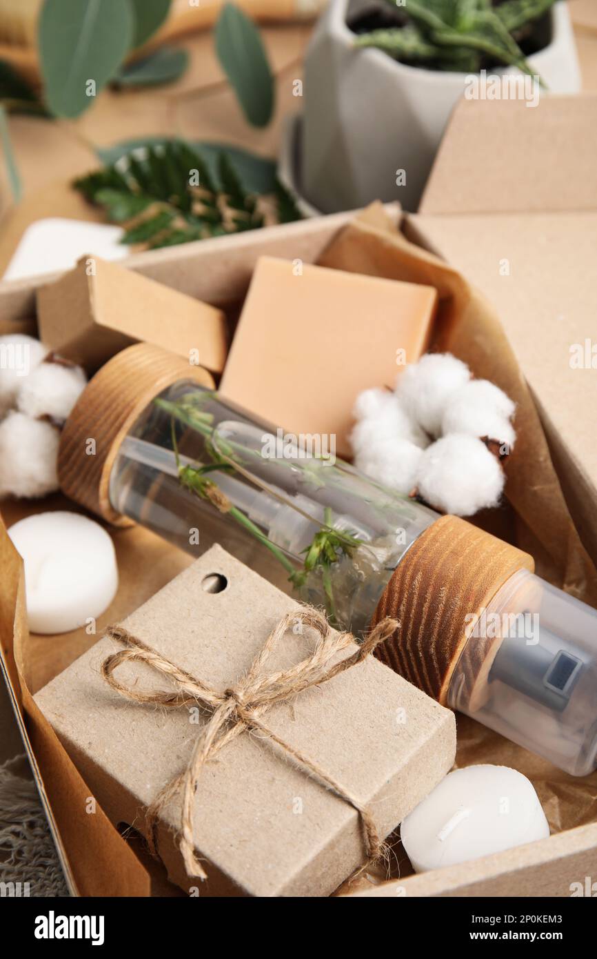 Box with eco friendly personal care products, closeup Stock Photo - Alamy