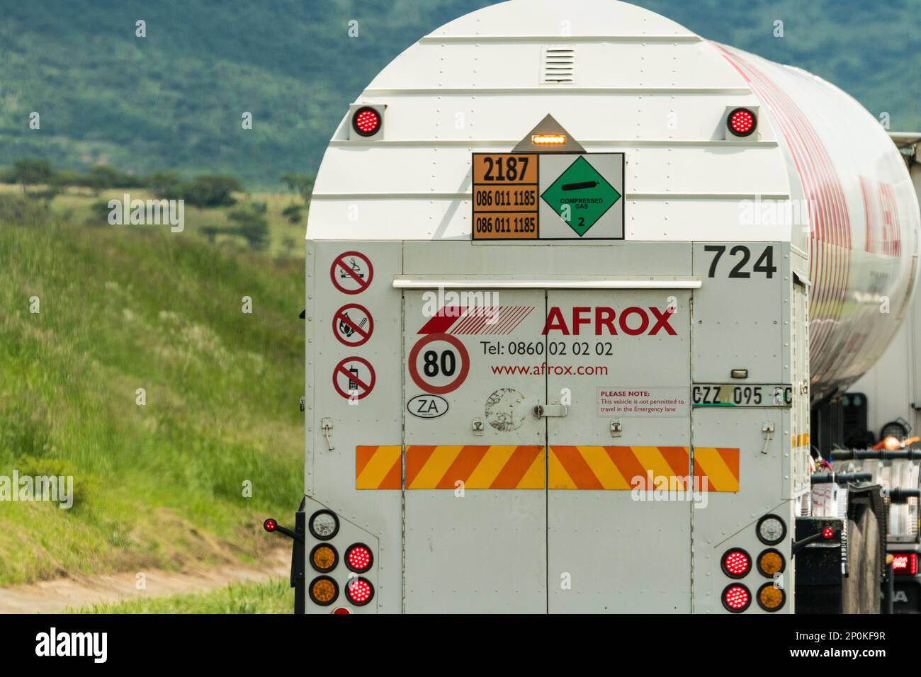 Afrox tank truck or tanker transporting compressed gas on a road in ...