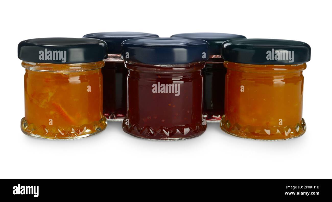 Jars with different jams on white background Stock Photo - Alamy