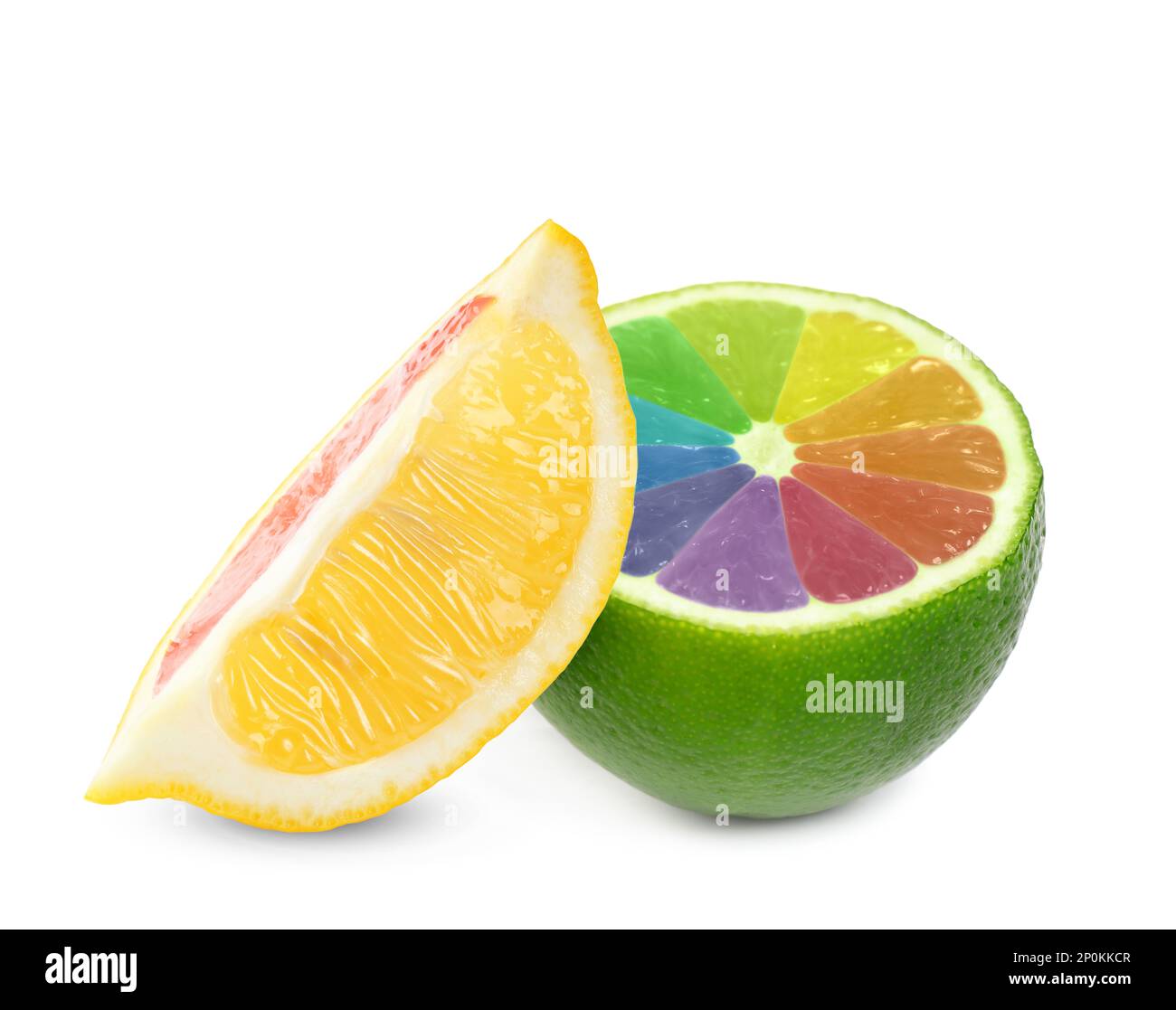 Fresh lemon and lime with rainbow segments on white background ...