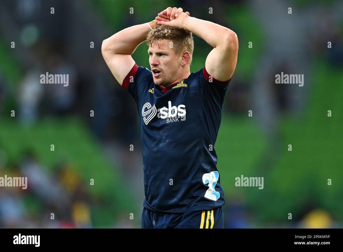 James Lentjes of the Highlanders reacts during the Super Rugby Pacific ...