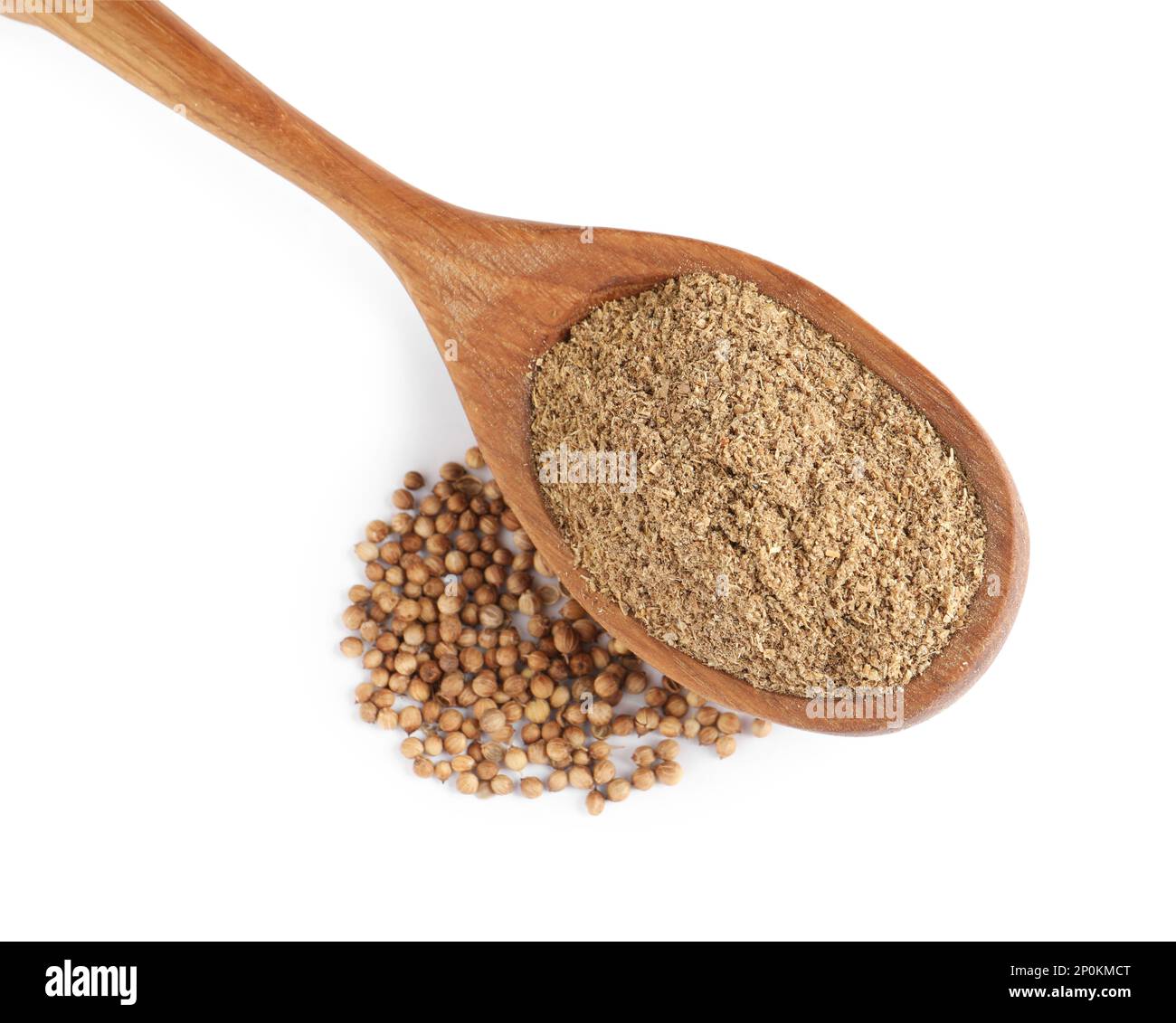 Wooden spoon with powdered coriander and corns on white background, top ...