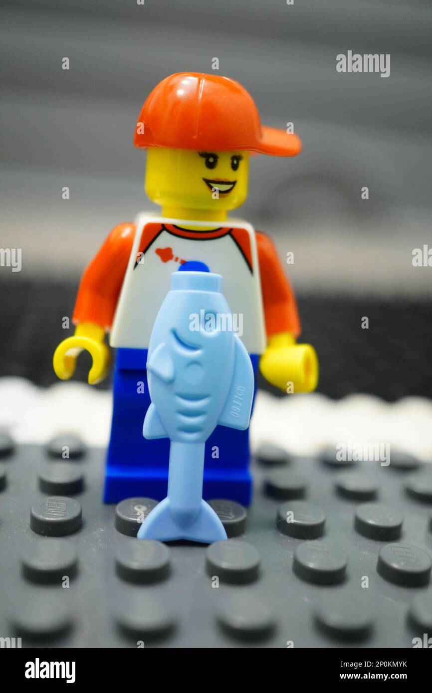 A LEGO minifigure wearing an orange hatstanding in front of a fish ...