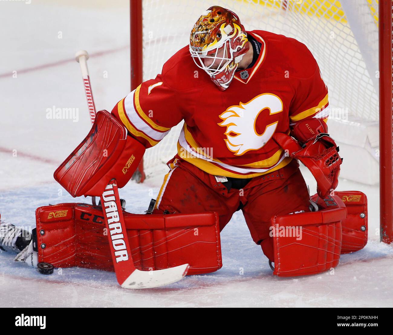 NHL profile photo on Calgary Flames' goalie Brian Elliott at a game against the New York Rangers ...