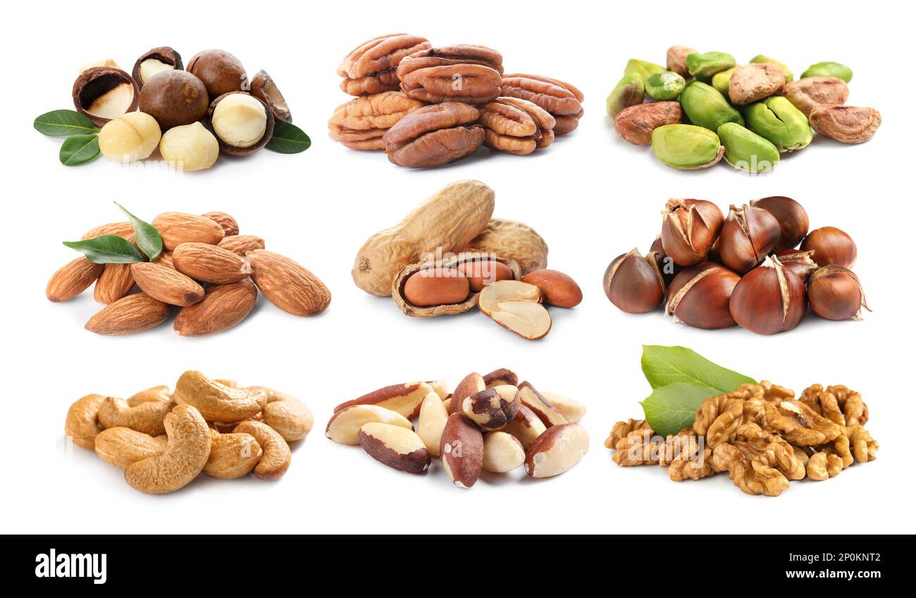 Set with different tasty nuts on white background Stock Photo - Alamy