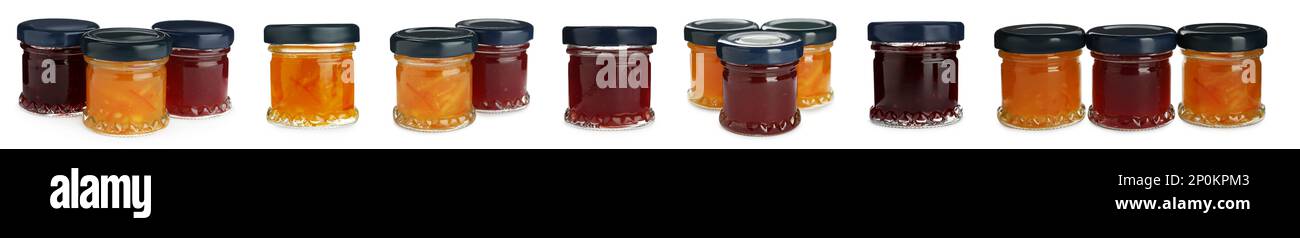Set with jars of different tasty jam on white background. Banner design ...