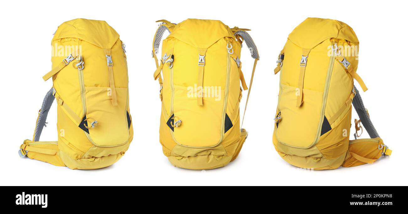 Yellow backpacks on white background, banner design. Camping tourism ...