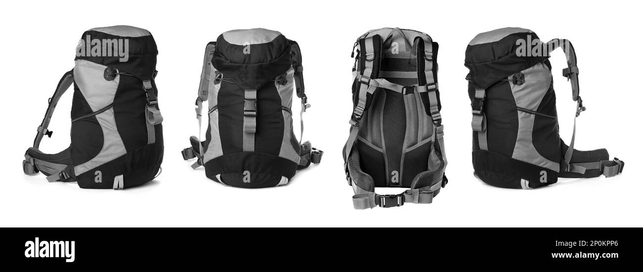 Black backpacks on white background, banner design. Camping tourism ...