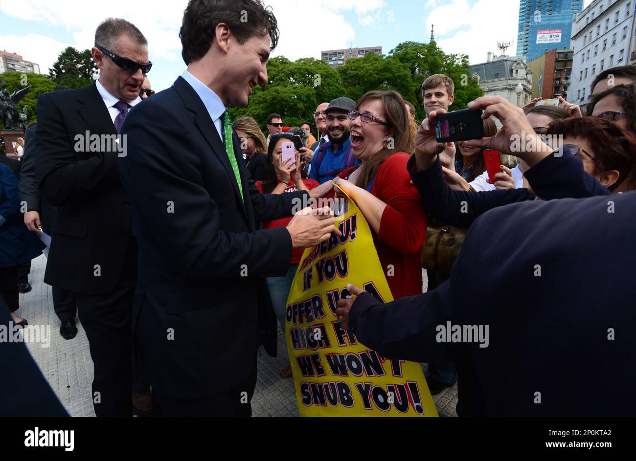Canada Prime Minister Justin Trudeau greets the crowd as he take part ...