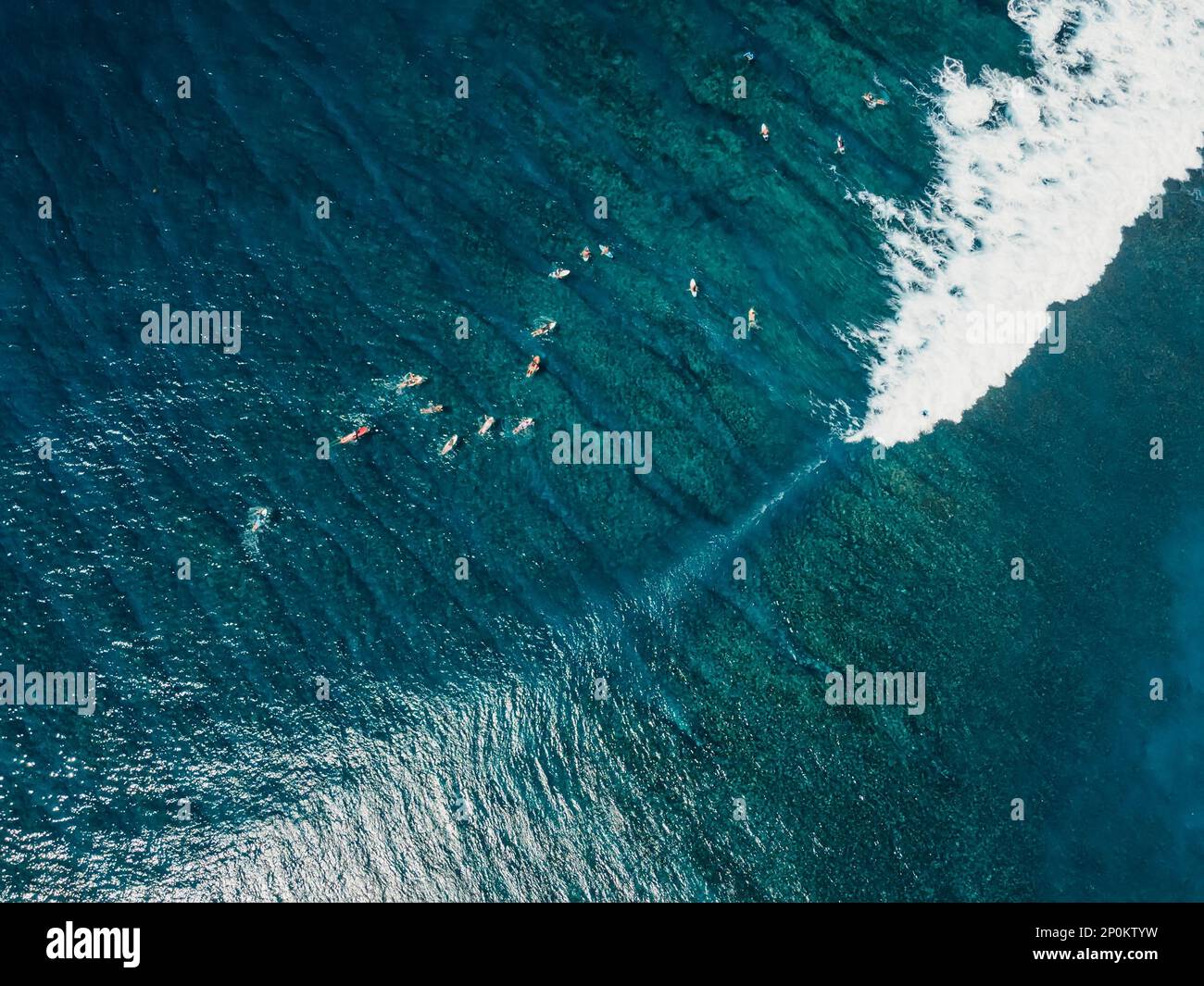 Aerial view with surfing on ideal wave. Perfect waves with surfers in ...