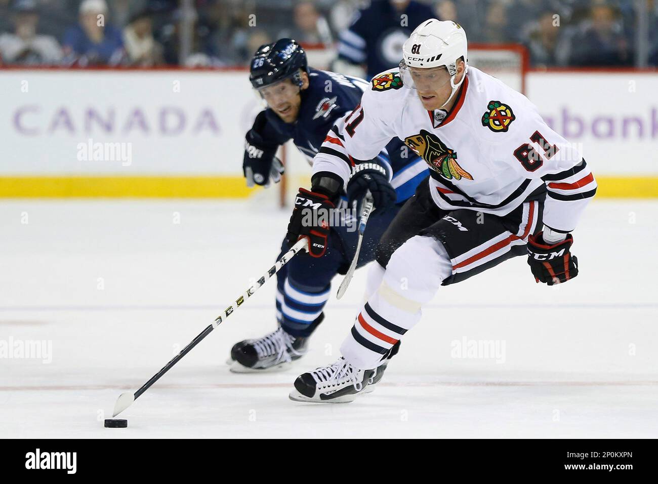 Chicago Blackhawks' Marian Hossa (81) steals the puck from Winnipeg ...