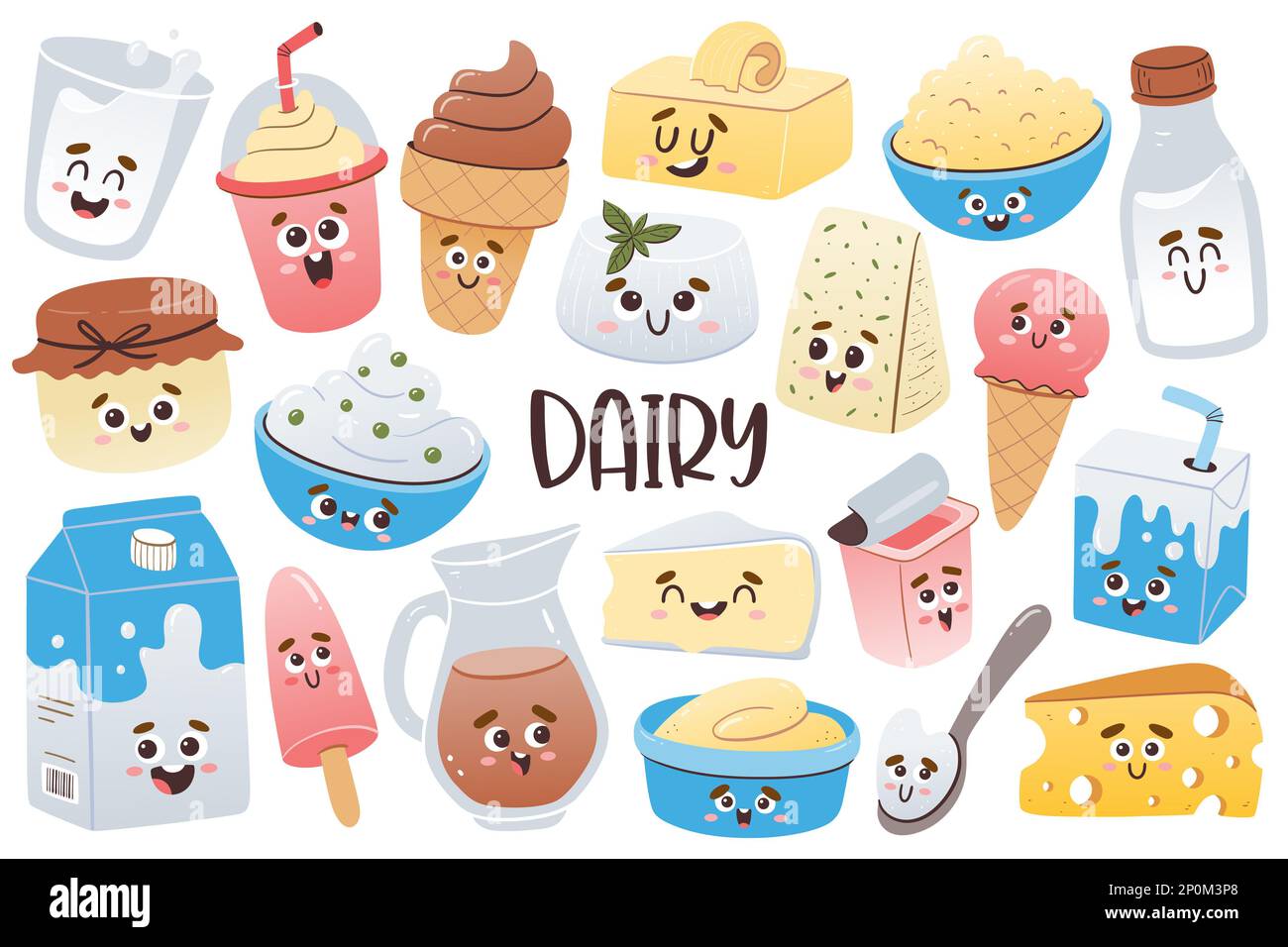 Cute Dairy Products with cartoon faces. Isolated colorful clipart ...