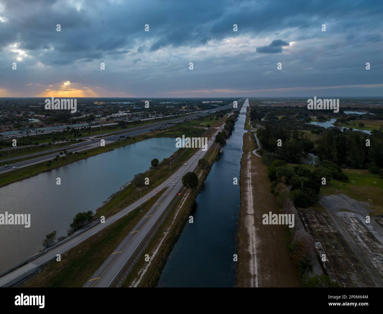 An aerial view of highway roads in the middle of rivers in Florida ...