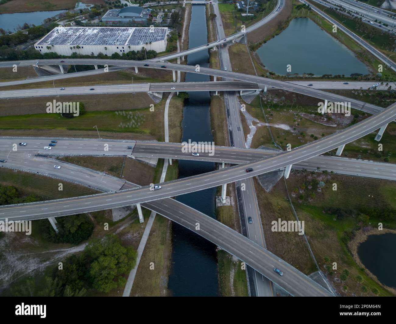 An aerial view of crossing highway roads above Florida during the ...