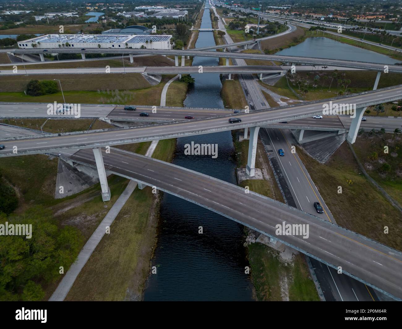 An aerial view of crossing highway roads above Florida during the ...