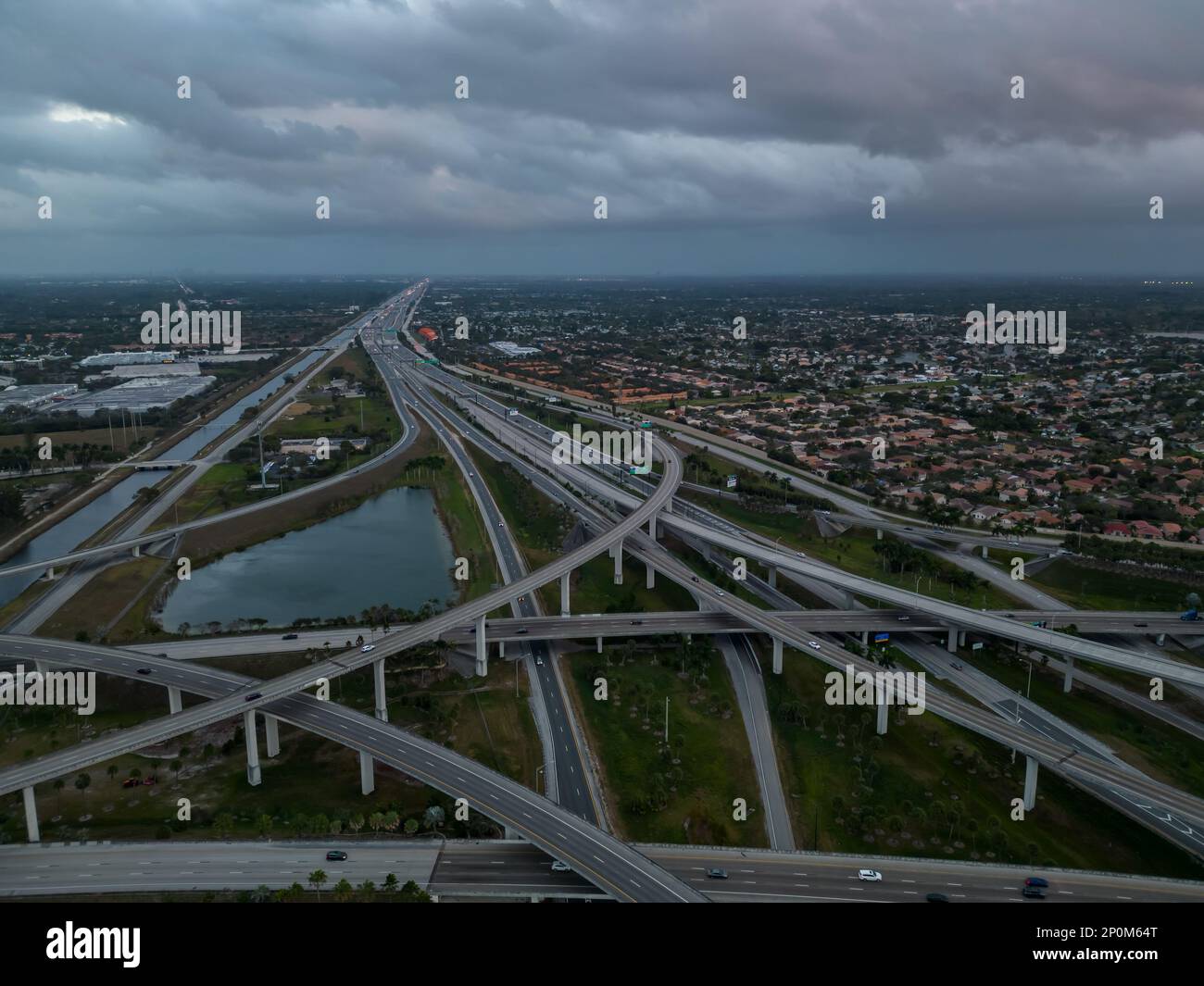 An aerial view of crossing highway roads above Florida during the ...