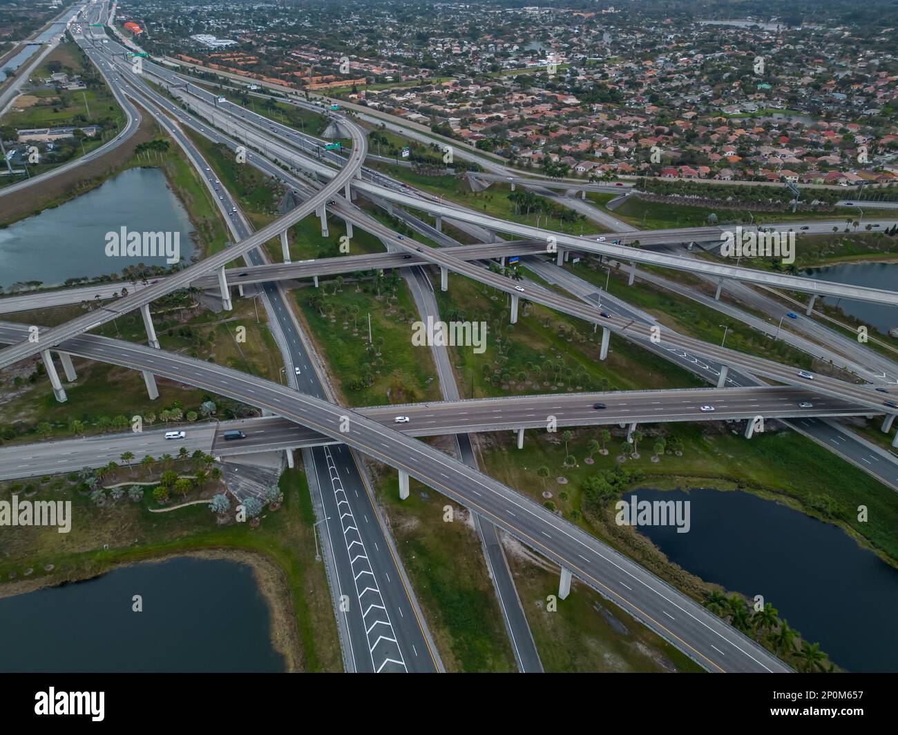 An aerial view of crossing highway roads above Florida during the ...