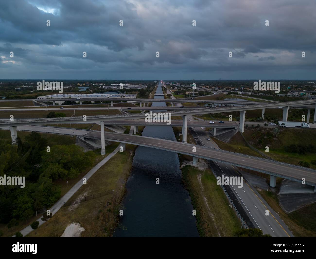 An aerial view of crossing highway roads above Florida during the ...